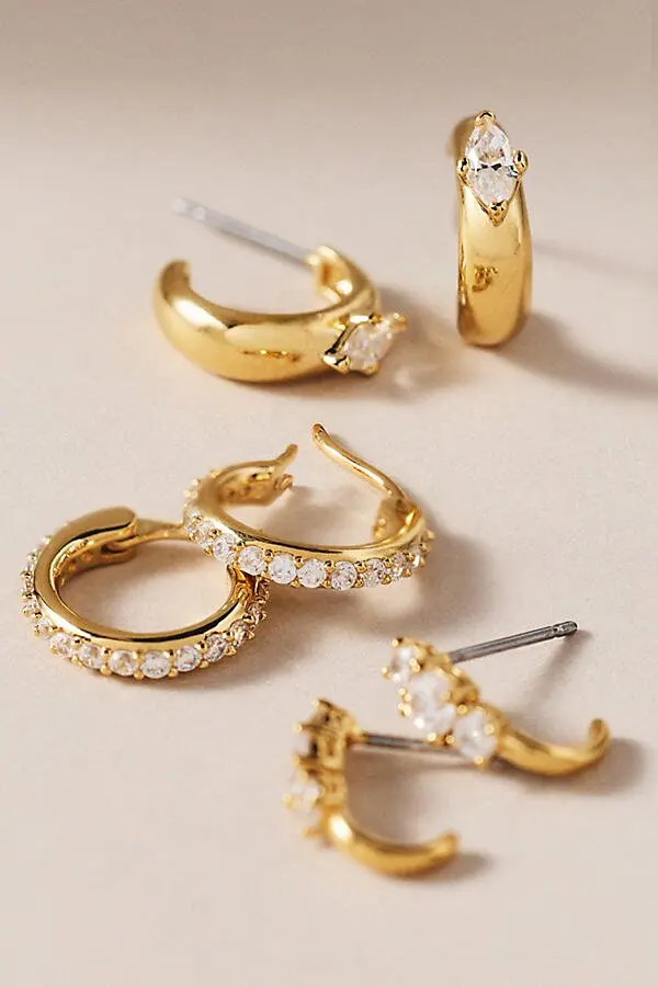 Nadri Set Of Three 18k -plated Brass Cubic Zirconia Hoops - Gold