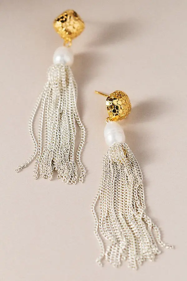 Anthropologie Freshwater Pearl Tassel Drop Earrings - Gold