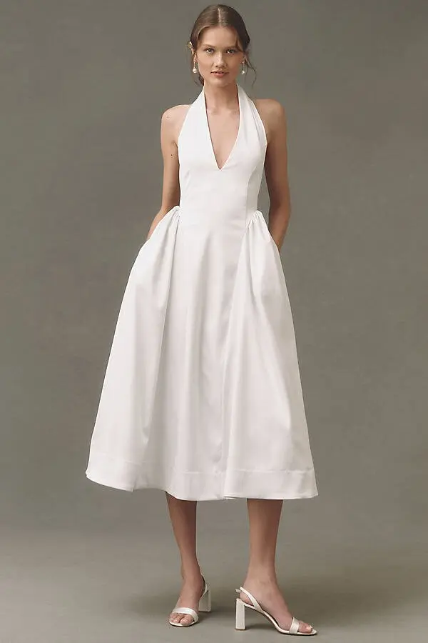 Bhldn Halter-neck Satin Fit-and-flare Maxi Dress - Cloud Dancer