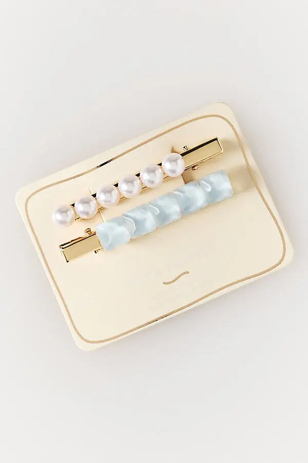 Anthropologie Mismatched Pearl And Stone Hair Clips - Light Blue