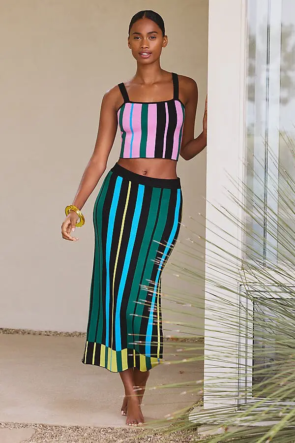 CELANDINE Fitted Knit Midi Skirt - Multi Stripe