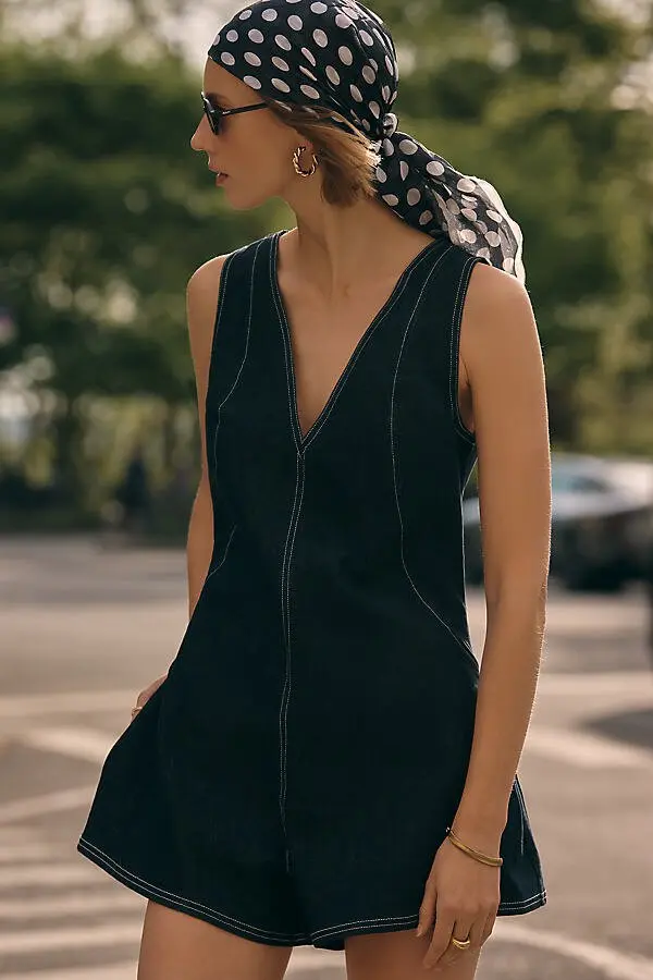 Maeve Sleeveless Denim Romper - Dark Rinse