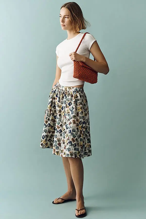 Maeve Jacie Poplin Printed Midi Skirt - Blue Pattern