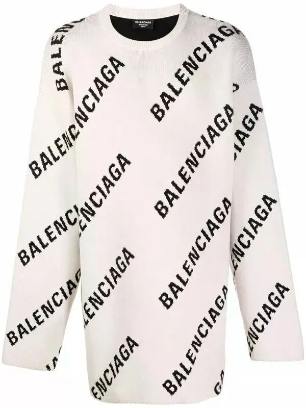 Balenciaga Allover Logo Crew Neck Jumper - Neutrals