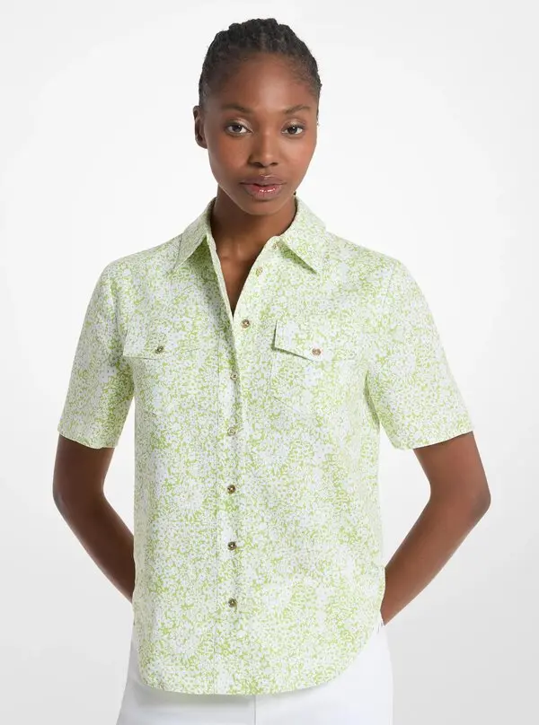 Michael Kors Floral Print Linen Blend Camp Shirt