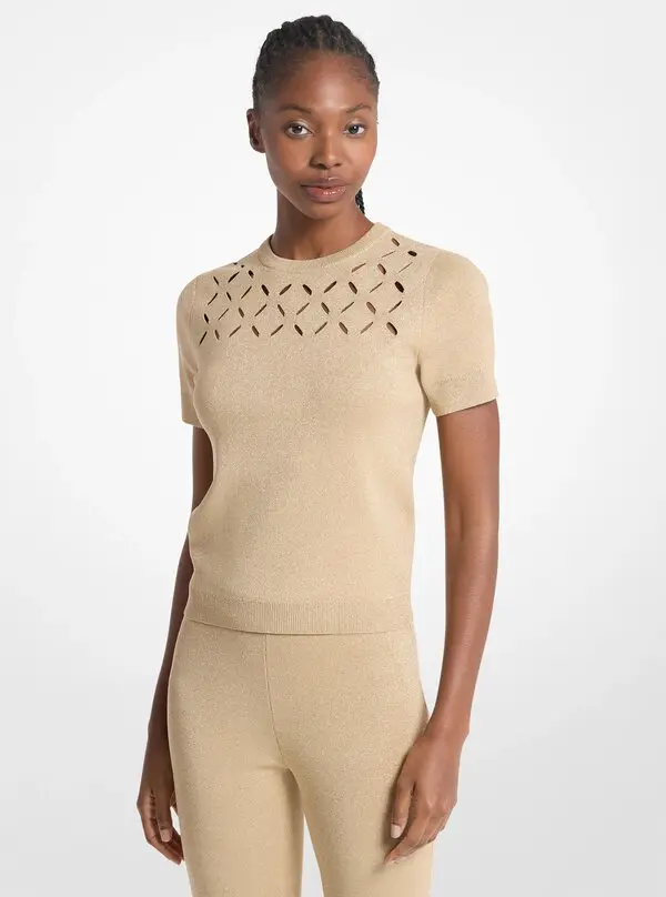 Michael Kors Laser Cut Metallic Stretch Knit Top - Gold
