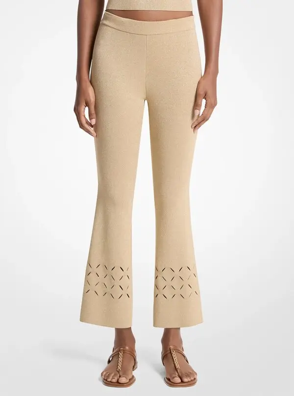 Michael Kors Laser Cut Metallic Stretch Knit Cropped Pants - Gold