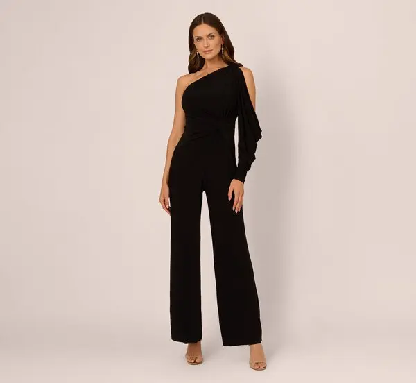 Adrianna Papell One Shoulder Split Sleeve Jersey Jumpsuit - Black