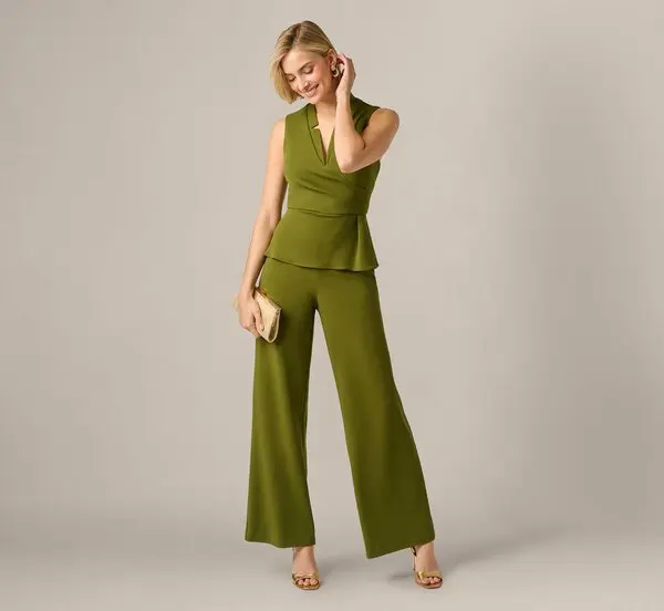 Adrianna Papell Notch Lapel Stretch Crepe Peplum Jumpsuit - Jungle Olive