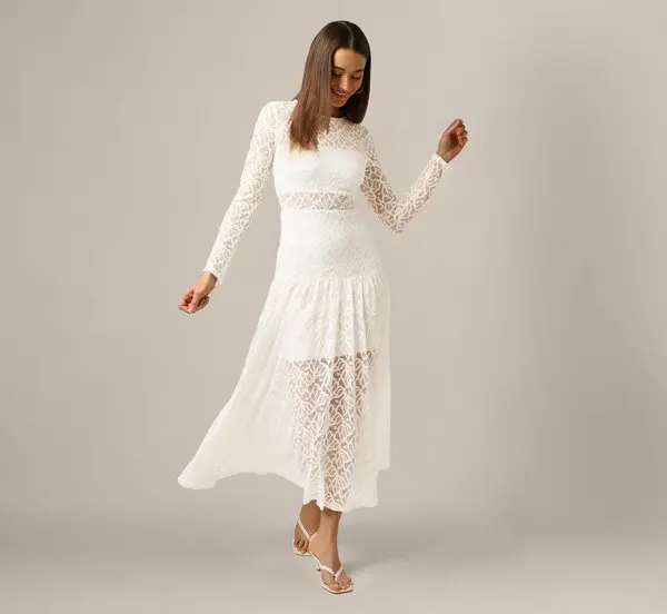 Adrianna Papell Stretch Lace Illusion Midi Dress - Ivory