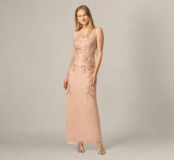 Adrianna Papell Hand-beaded Sleeveless Column Gown - Rose Gold