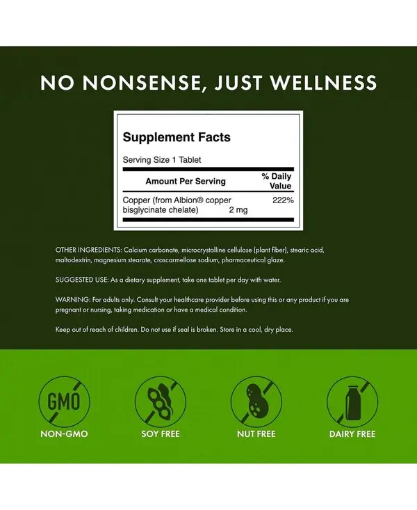 SWANSON Copper Antioxidant Immune System Red Blood Cell Support Mineral Supplement Copper Chelate 2 Mg 300 Tablets