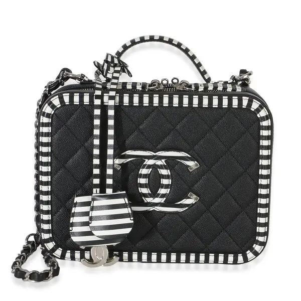 Chanel Quilted Caviar Cc Filigree Vanity Case - Black