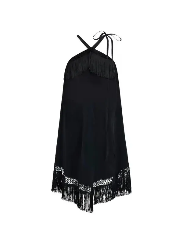 LES FILLES D'EVA Crochet Knit Halterneck Fringe Trim Dress - Black