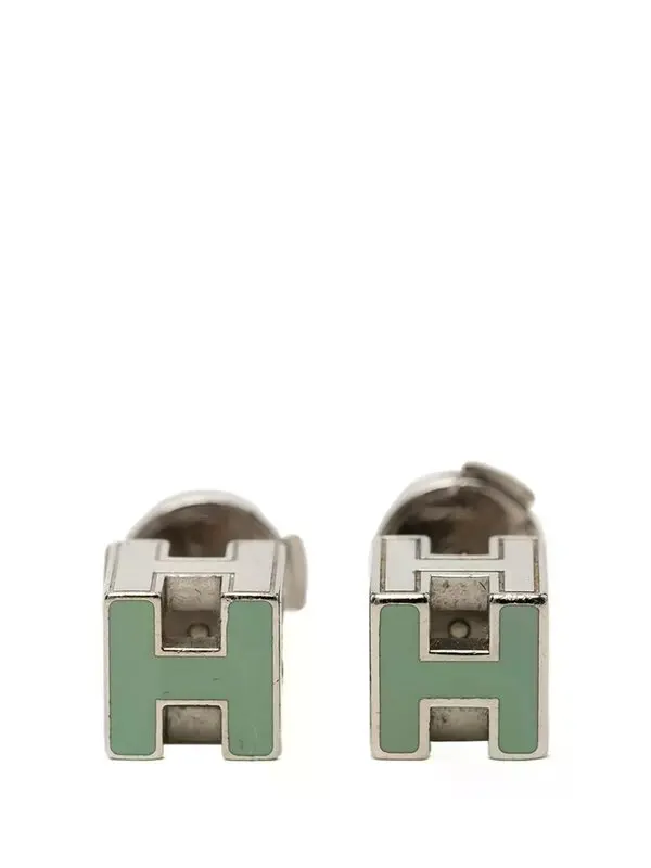 Hermès Palladium Plated Enamel "dh Cube" Push Back Earrings - Green