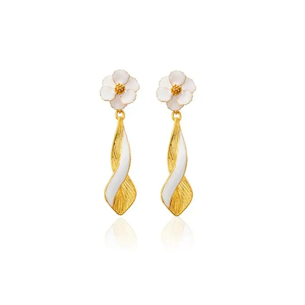 MILOU JEWELRY Gold Infinity Drop Earrings With Enamel Flower Motif - White