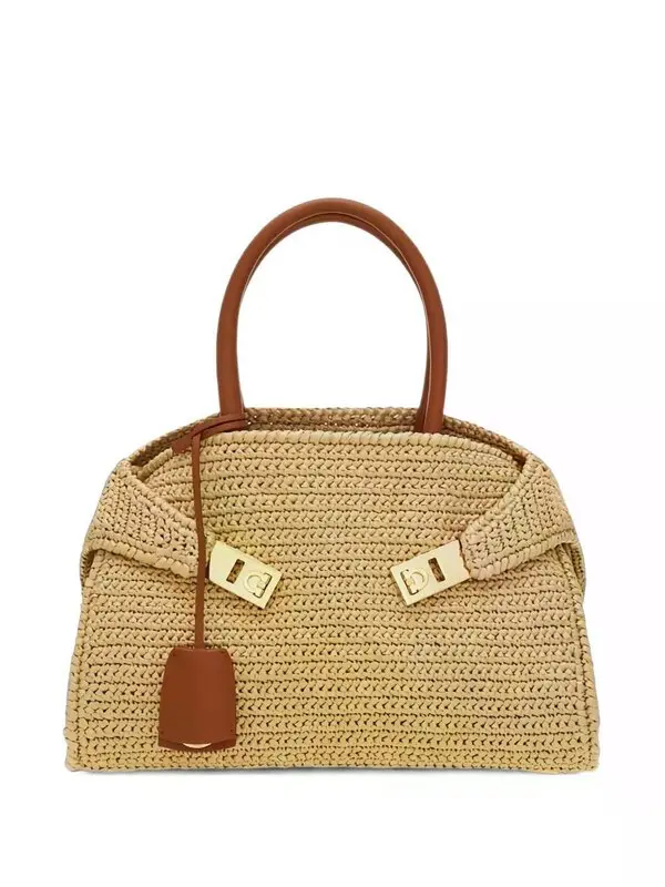 FERRAGAMO Hug Handbag In Raffia And Calfskin - Neutrals