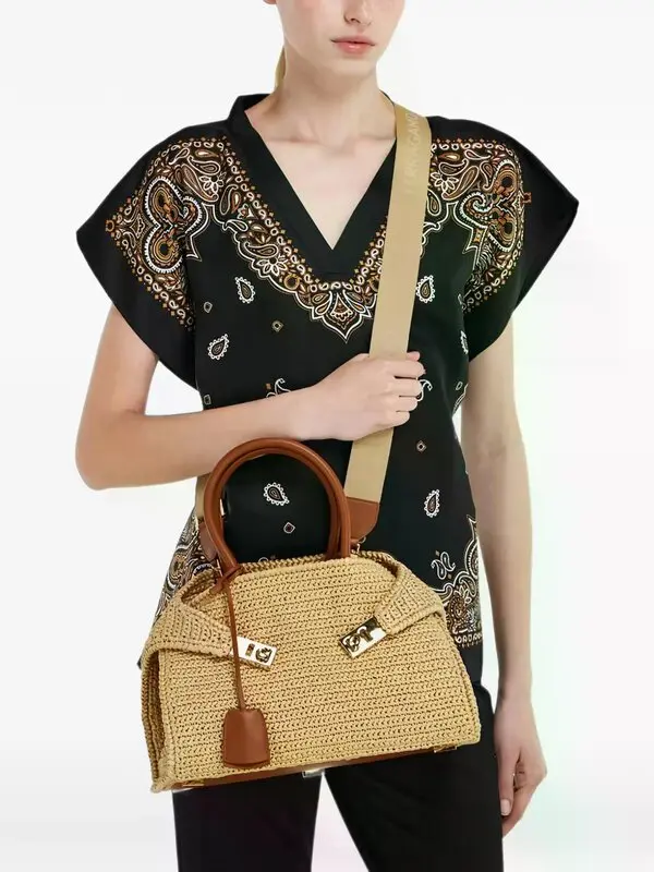 FERRAGAMO Hug Handbag In Raffia And Calfskin - Neutrals