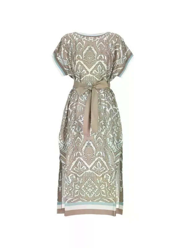 D.exterior Abstract Print Belted Maxi Dress - Neutrals