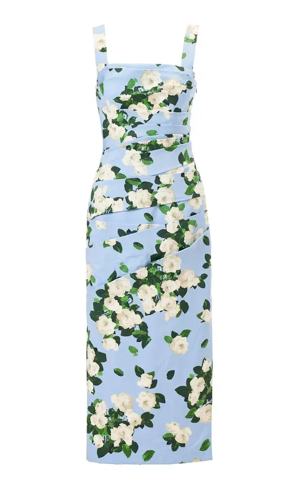 Carolina Herrera Painted Rose Cotton-blend Midi Dress - Light Blue
