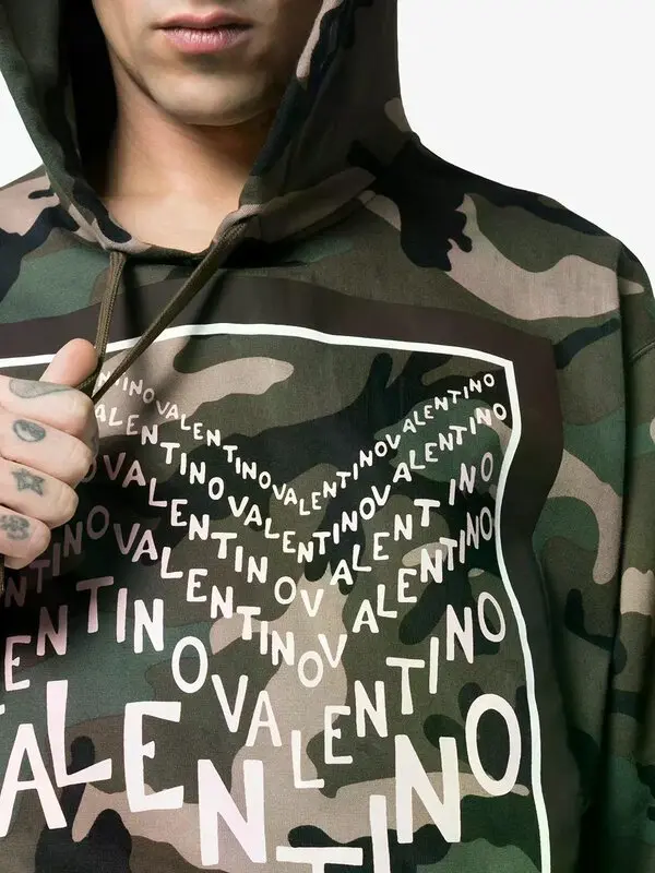 Valentino Garavani Logo Print Camouflage Cotton Blend Hoodie - Green