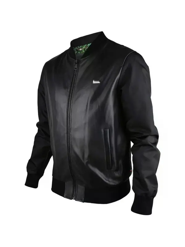 Philipp Plein Leather Bomber Jacket With Logo Plaque - Black