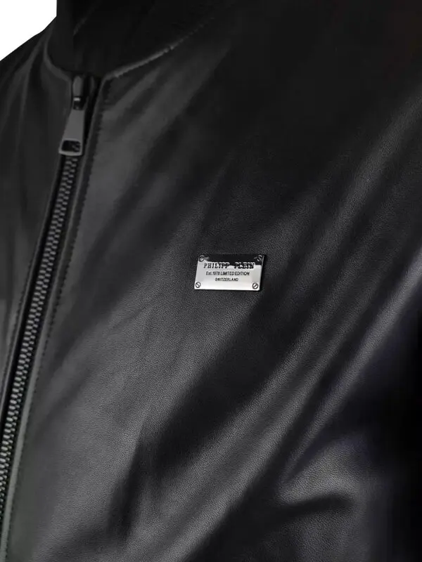 Philipp Plein Leather Bomber Jacket With Logo Plaque