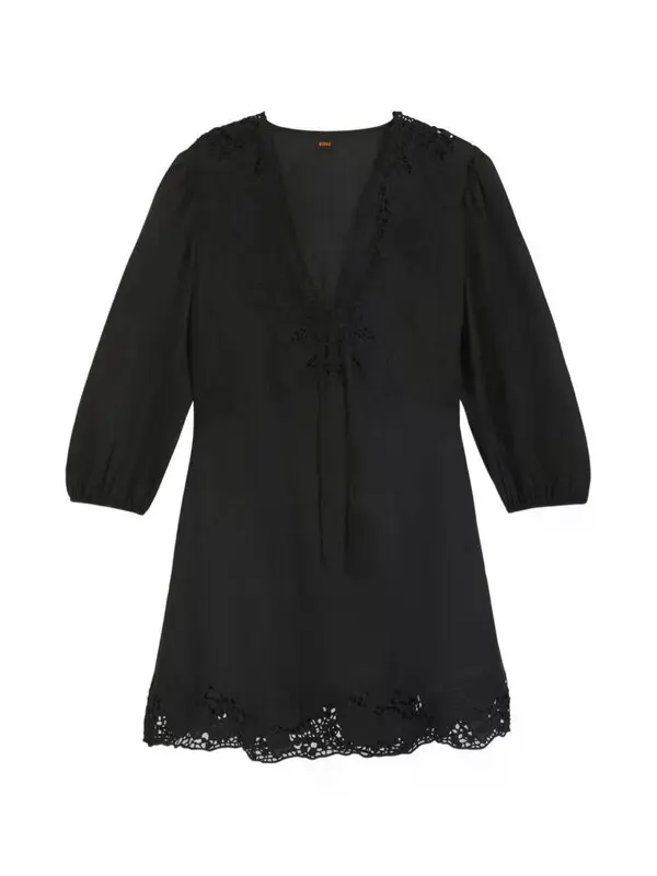 BOSS Ramie Embroidered V-neck Dress - Black