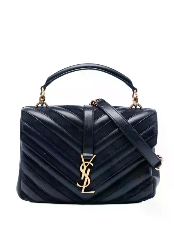 Saint Laurent Medium Calfskin And Suede Chevron Monogram College Satchel - Blue