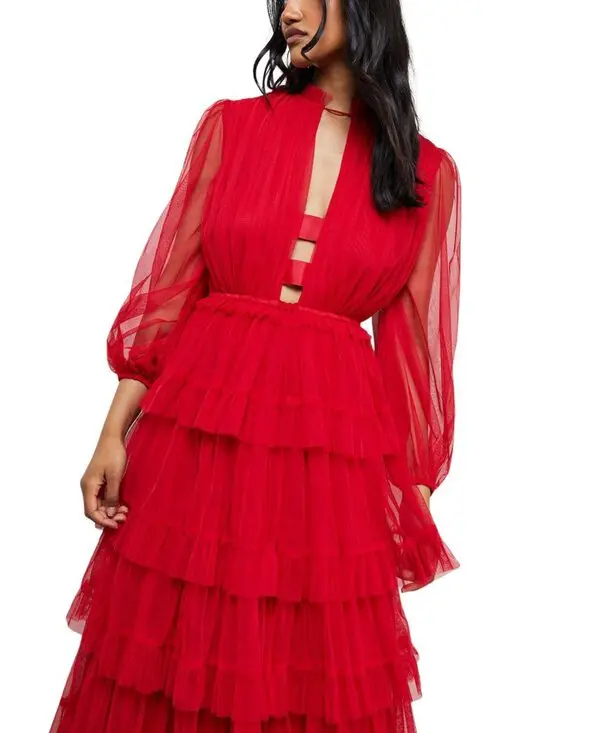 WAREHOUSE Ruffled Tulle Maxi Dress