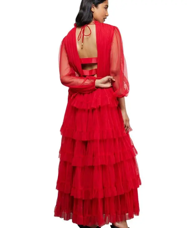 WAREHOUSE Ruffled Tulle Maxi Dress