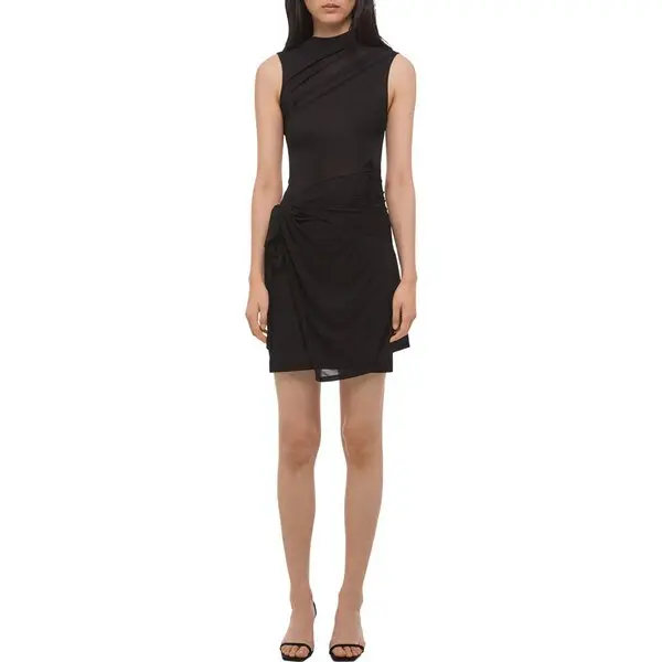Helmut Lang Sleeveless Jewel Neck Dress With Asymmetrical Hem And Side Knot Detail