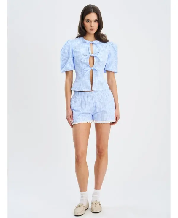 MISS CIRCLE NEW YORK Baby Gingham Lace Trim Shorts - Blue