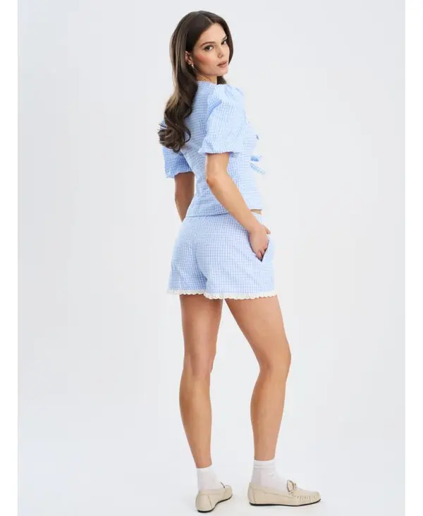 MISS CIRCLE NEW YORK Baby Gingham Lace Trim Shorts - Blue