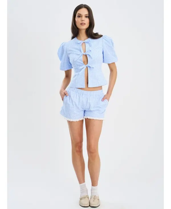 MISS CIRCLE NEW YORK Baby Gingham Lace Trim Shorts - Blue