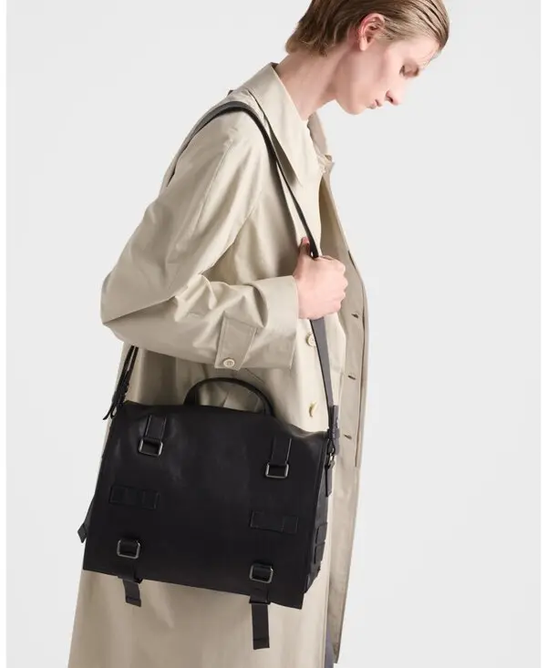 Prada Leather Messenger Bag With Buckled Straps