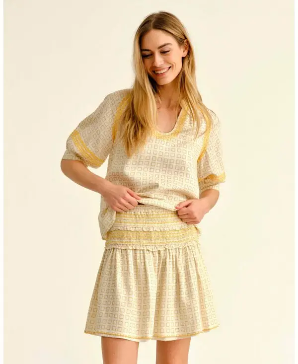 CARTOLINA Eleanor Top Geometric Print Viscose And Linen Blend - Ivory
