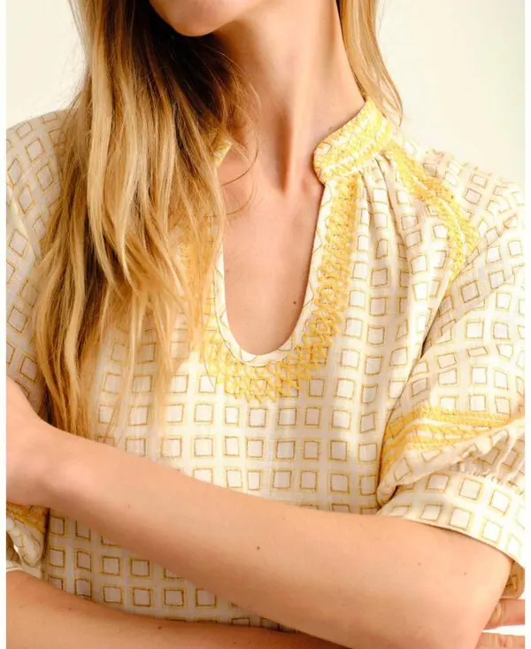 CARTOLINA Eleanor Top Geometric Print Viscose And Linen Blend - Ivory
