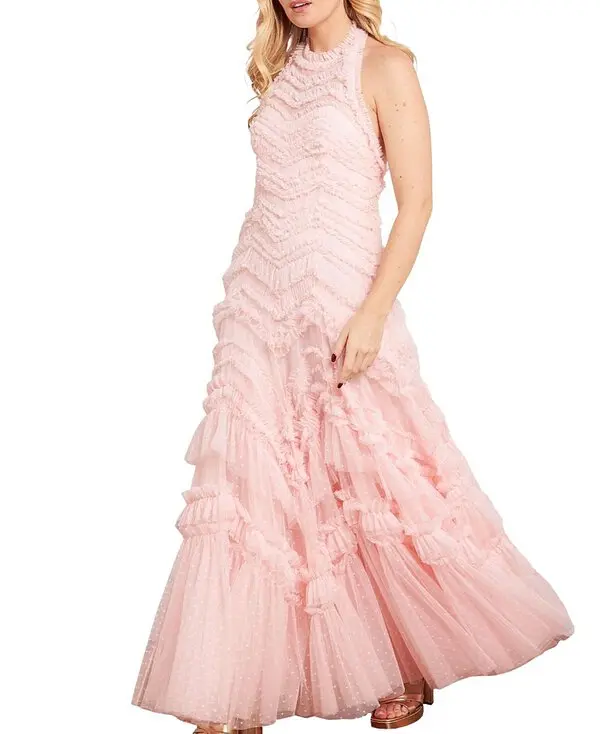 NEEDLE & THREAD Elia Halter Neck Ruffle Tulle Maxi Gown - Seashell