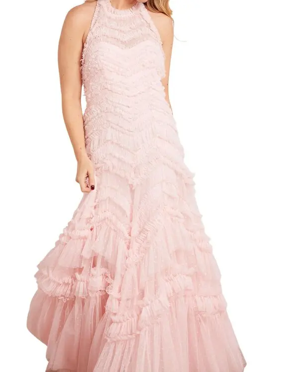 NEEDLE & THREAD Elia Halter Neck Ruffle Tulle Maxi Gown - Seashell