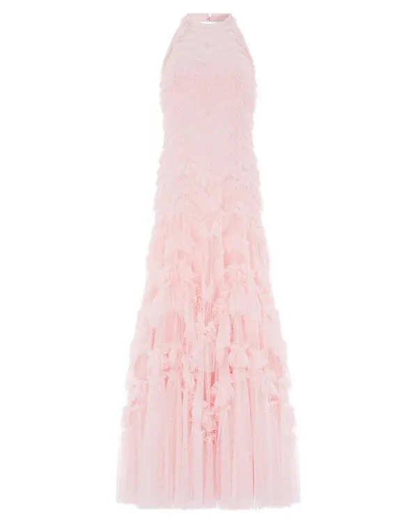 NEEDLE & THREAD Elia Halter Neck Ruffle Tulle Maxi Gown - Seashell