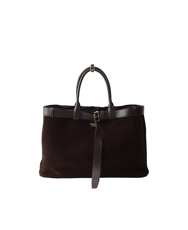 Prada Suede Buckled Tote Bag - Dark Brown