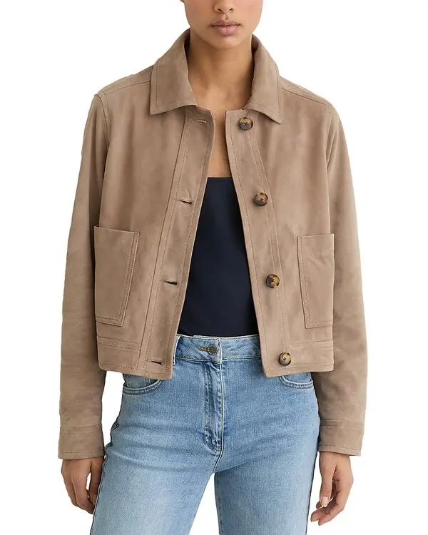 REISS Petites Suede Trucker Jacket - Neutral