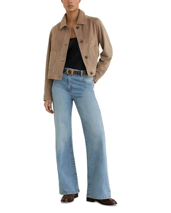 REISS Petites Suede Trucker Jacket - Neutral