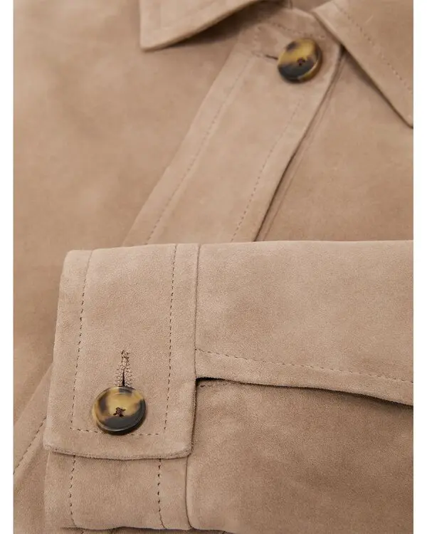 REISS Petites Suede Trucker Jacket - Neutral