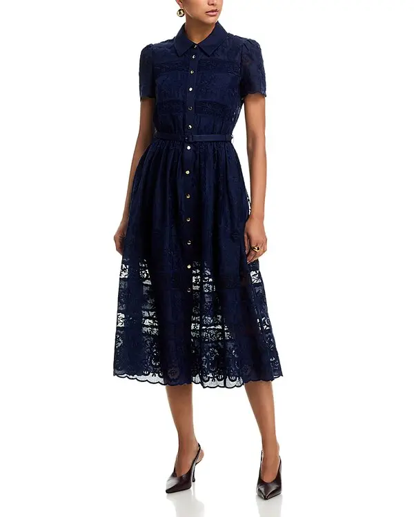 SELF-PORTRAIT Ramie Collared Midi Dress With Embroidery