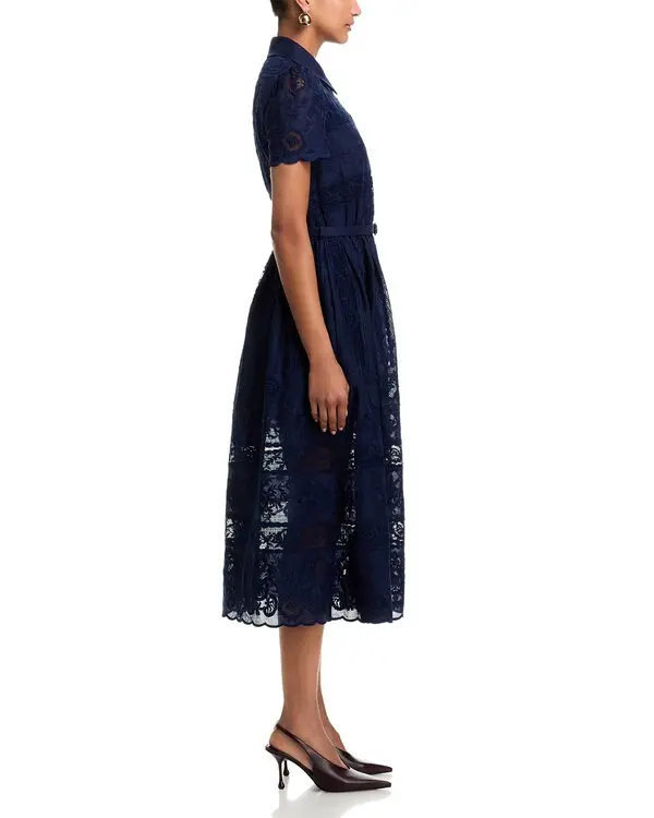 SELF-PORTRAIT Ramie Collared Midi Dress With Embroidery