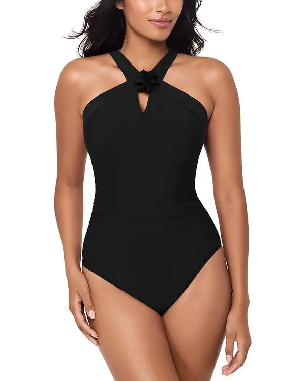 Magicsuit Halterneck One Piece Swimsuit With Decorative Flower Accent - Black