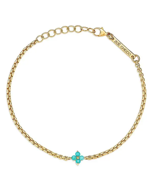 Zoe Chicco 14k Yellow Turquoise Gemstones Flower Cluster Box Link Chain Bracelet - Gold