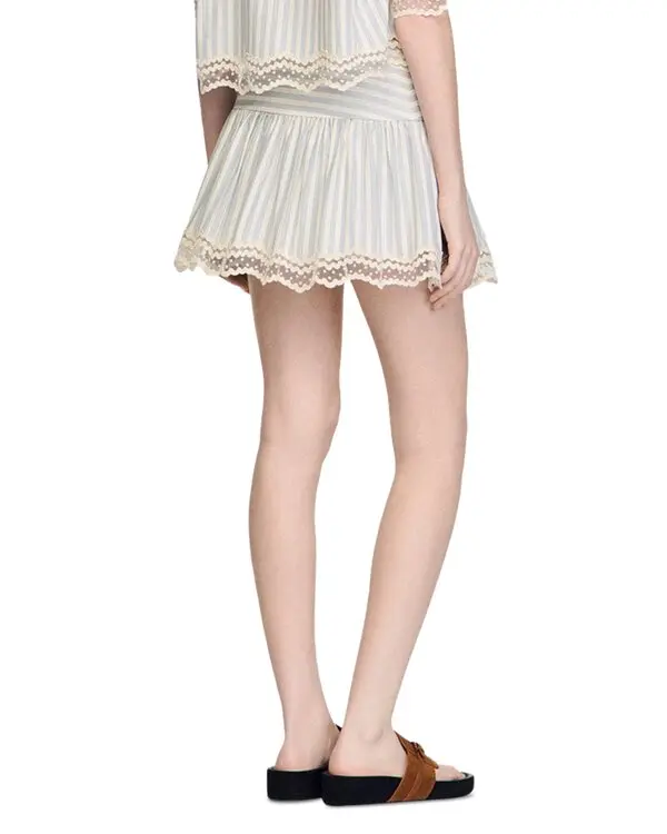 Sandro Striped Cotton Skort With Lace Trim - Ecru Bleu